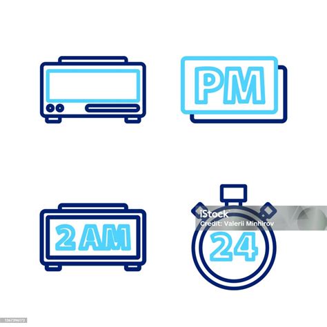 세트 라인 스톱워치 24시간 디지털 알람 시계 시계 Pm 및 아이콘 벡터 2 위 상 종류에 대한 스톡 벡터 아트 및 기타 이미지