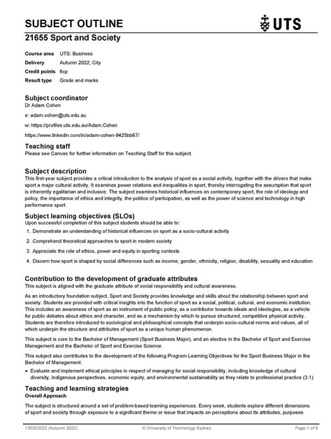Subject Outline 21655 Sport And Society Subject Outline 21655 Sport And Society Subject