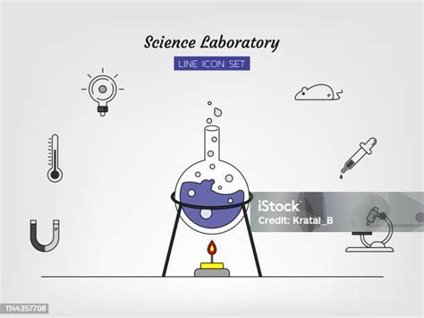 라인 아이콘 기호 세트 시험 화학 물리학 과학 연구소 장비 유리 튜브 쥐 현미경 자석 Termomiter 전구 고립 된 평면