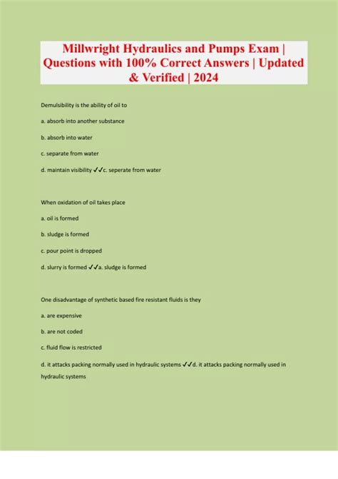 Millwright Hydraulics And Pumps Exam Questions With 100 Correct Answers Updated And Verified