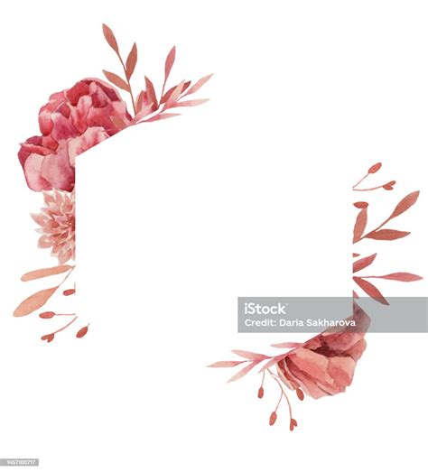 흰색 배경에 수채화로 그린 분홍색 꽃의 사각형 프레임 웨딩 일러스트레이션 디자인을 위해 겨울에 대한 스톡 벡터 아트 및 기타 이미지 겨울 결혼식 국경 Istock