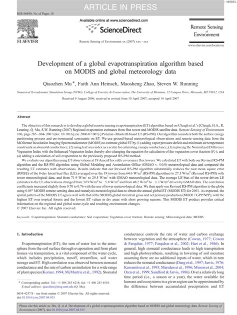 Pdf Development Of A Global Evapotranspiration Algorithm Based On Modis And Global Meteorology