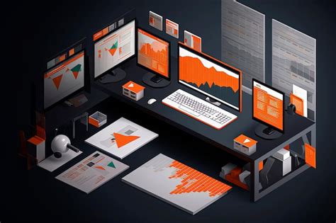 테이블 의자 노트북 및 회사 차트가 있는 아이소메트릭 작업 공간의 생성 Ai 그림 프리미엄 사진