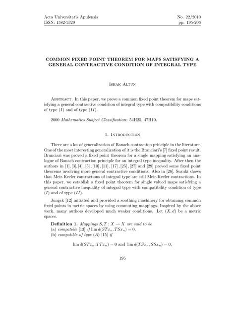 Pdf Common Fixed Point Theorem For Maps Satisfying A General Contractive Condition Of Integral
