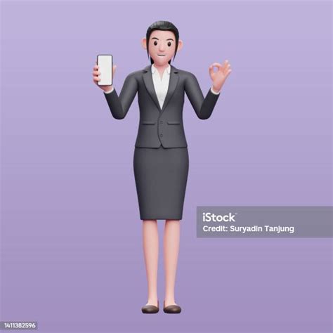 스마트 폰을 들고 괜찮은 손가락을 보여주는 공식적인 양복을 입은 비즈니스 여성 정장 검은 치마를 입은 비즈니스 여성의 3d 일러스트 레이 션 휴대 전화 3차원 형태에 대한