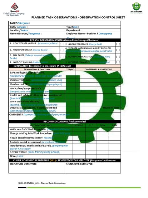 Bmk Hse Sf Frm 001 Planned Task Observations Pdf Occupational
