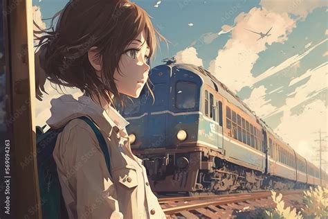 Anime Girl With Train In The Background At The Evening Time With Sunset