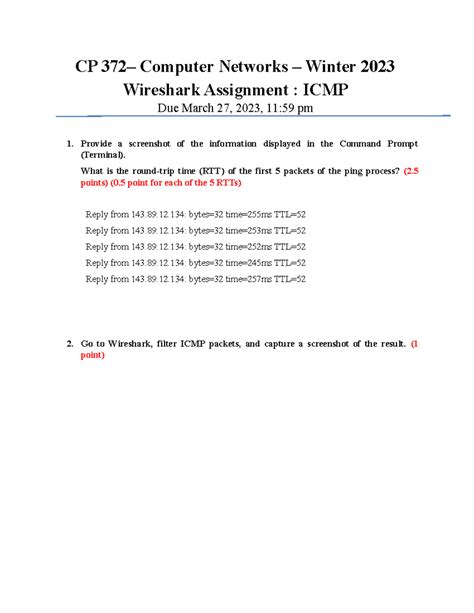 Wireshark Assignment 2 Cp 372 Computer Networks Winter 2023 Wireshark Assignment Icmp Due