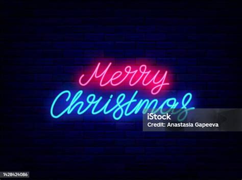메리 크리스마스 네온 레터링 인사말 카드 가벼운 서예 빛나는 비문 엠블럼 벡터 일러스트 레이 션 개념에 대한 스톡 벡터 아트 및 기타 이미지 Istock