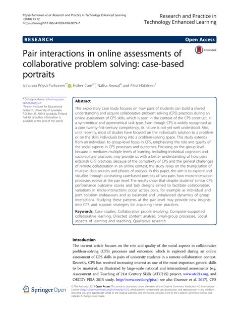 Pdf Pair Interactions In Online Assessments Of Collaborative Problem Solving Case Based Portraits