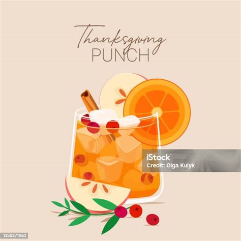 계피 스틱 크랜베리 사과 오렌지색을 베이지 색 배경에 곁들인 추수감사절 펀치의 벡터 일러스트 신선한 건강 음료 칵테일에 대한 스톡 벡터 아트 및 기타 이미지 Istock