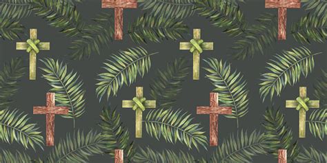 부활절 또는 세례 초대장 종려 일요일 장식에 대 한 나무 십자가와 귀여운 수채화 인쇄 부활절 디자인을 위한 완벽 한 기독교 테마 패턴입니다 녹색 배경 건강관리와 의술에 대한