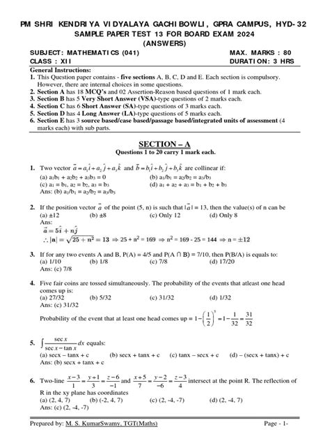Maths Class Xii Sample Paper Test 13 For Board Exam 2024 Answers 1 For Boards Pdf Area