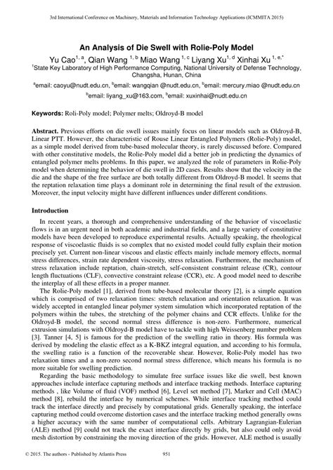 Pdf An Analysis Of Die Swell With Rolie Poly Model