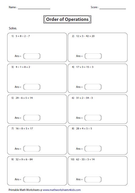 Order Of Operations Worksheets