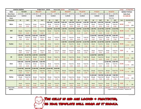 Weekly Schedule Excel Template Calculates Time Subtract Unpaid Break Sales Goal Add Notes