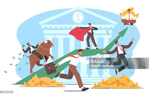황소 주식 시장에서 거래하는 사람들 비즈니스 인 브로커 상인 캐릭터 구매 및 상승 가격에 채권을 판매 금융에 대한 스톡 벡터 아트 및 기타 이미지 Istock