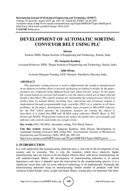 pdf development of automatic sorting conveyor belt using plc