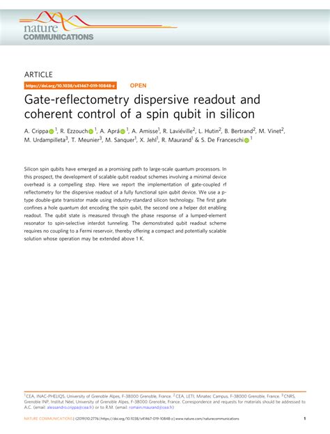 Pdf Gate Reflectometry Dispersive Readout And Coherent Control Of A Spin Qubit In Silicon