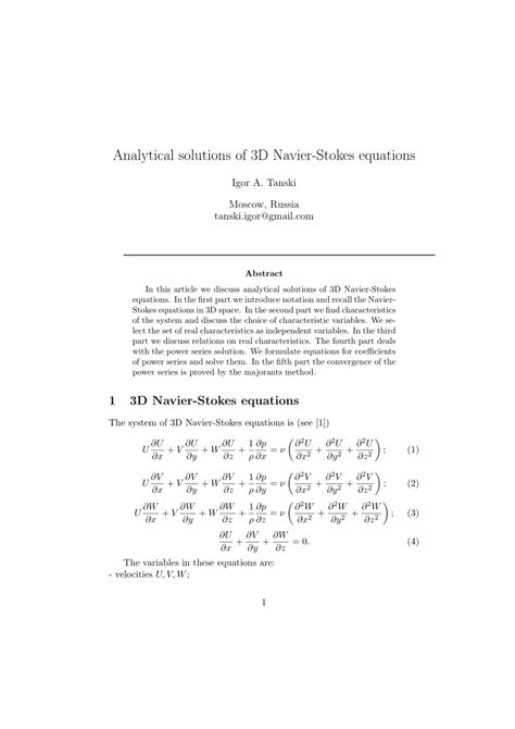 Pdf Analytical Solutions Of 3d Navier Stokes Equations