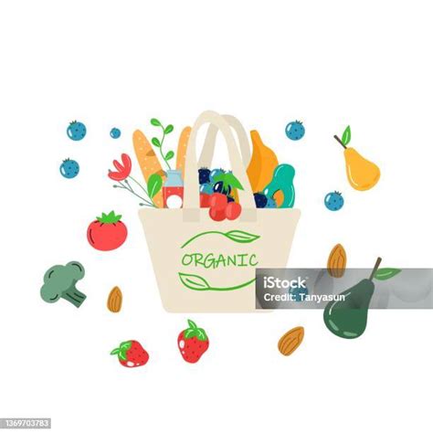 야채 과일 건강한 음료를 곁들인 면 에코 쇼핑넷 재사용 가능한 친환경 쇼핑객 가방에 유제품 식품 제로 폐기물 플라스틱 무료 개념 플랫 트렌디 한 디자인 가방에 대한 스톡