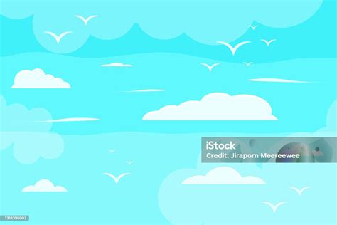 여름에 만화 이미지 하늘은 밝은 구름 빛나는 태양과 하늘 여름 풍경 배경 벡터 일러스트에서 비행 조류로 가득합니다 0명에 대한 스톡 벡터 아트 및 기타 이미지 Istock