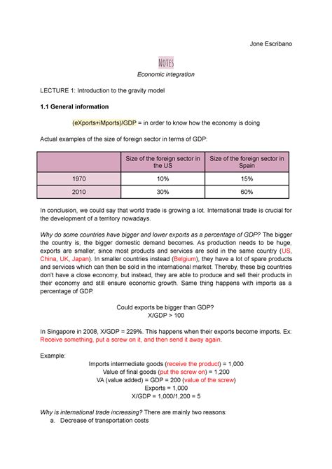 Class Notes Economic Integration Jone Escribano Notes Economic