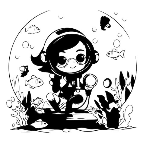 Una Chica Linda Buceando En El Mar Vector Premium