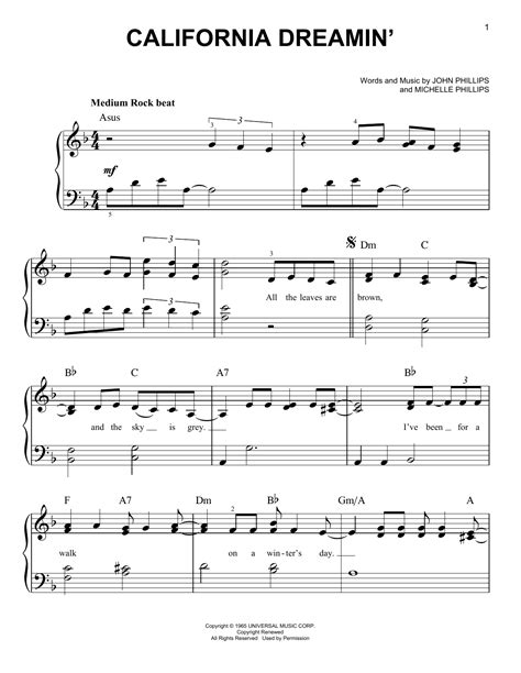 California Dreamin By The Mamas And The Papas Sheet Music For Easy Piano