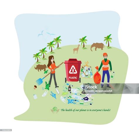 환경 친화적 인 사람들 쓰레기 수집기 쓰레기를 가진 남자 사람들은 쓰레기를 종류별로 분류하여 재활용을 위해 용기에 넣습니다 생태 개념입니다 가공의 인물에 대한 스톡 벡터