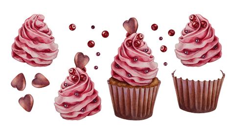 성 발렌타인 데이 웨딩 디자인 벽지 포장지 과자 선물 상자 초콜릿 머그잔을 위한 마음으로 손으로 그린 수채화 핑크 컵케이크 세트