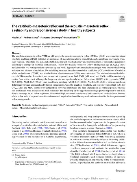 The Vestibulo Masseteric Reflex And The Acoustic Masseteric Reflex A Reliability And