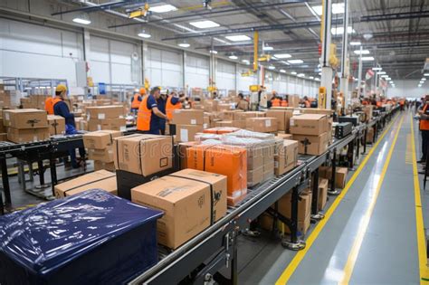 Conveyor Based Goods Sorting System In Warehouse With Workers In Background Stock Image Image