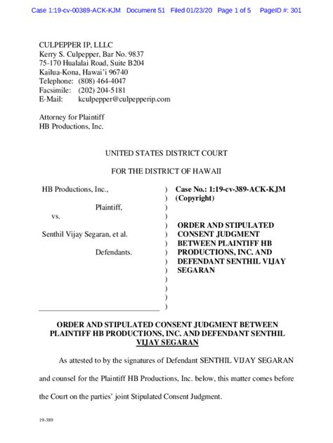 Fillable Online Order And Stipulated Consent Judgment Hb Productions