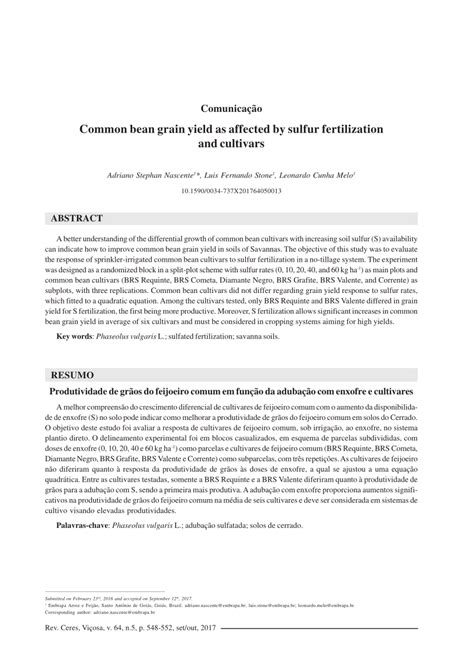 Pdf Common Bean Grain Yield As Affected By Sulfur Fertilization And