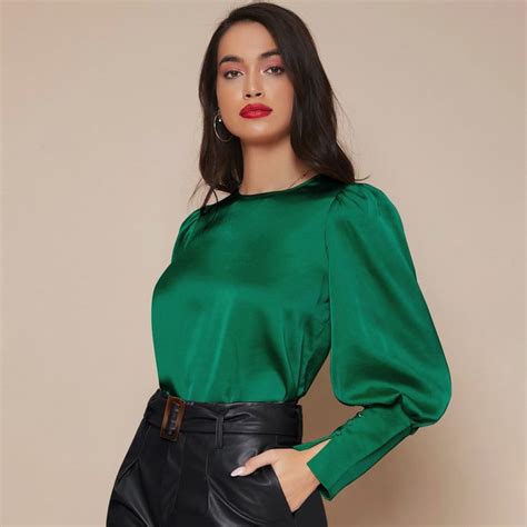 Womens Lantern Sleeve Silk Blouse Long Sleeves Silk Shirt Chic