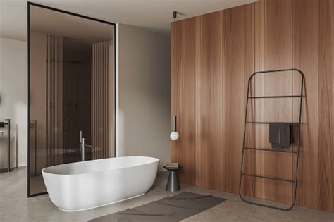 베이지색 콘크리트 바닥에 욕조와 레일 사다리가 있는 가벼운 욕실 인테리어 0명에 대한 스톡 사진 및 기타 이미지 0명 3차원 형태 가구 Istock