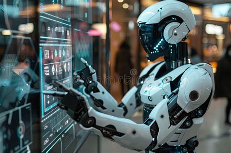 a humanoid robot interacts with a touchscreen display showcasing ai functions in a sleek