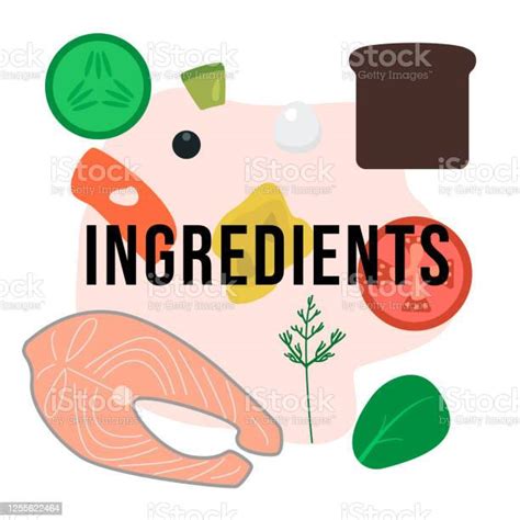 샐러드 레시피 및 기타 요리를 위한 재료 세트 텍스트 이그레디언트 벡터 오이 토마토 연어 스테이크 올리브 딜 빵 아보카도 등 0