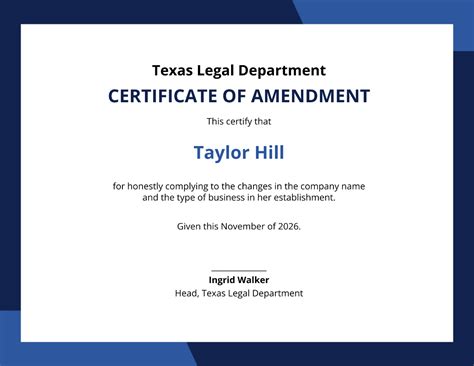 Free Certificate Of Amendment Template To Edit Online