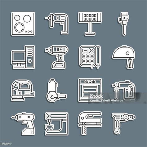 세트 라인 전기 드릴 머신 로터리 해머 믹서 히터 무선 드라이버 컴퓨터 모니터 가스 렌지 및 전화 아이콘 벡터 가열장치에 대한
