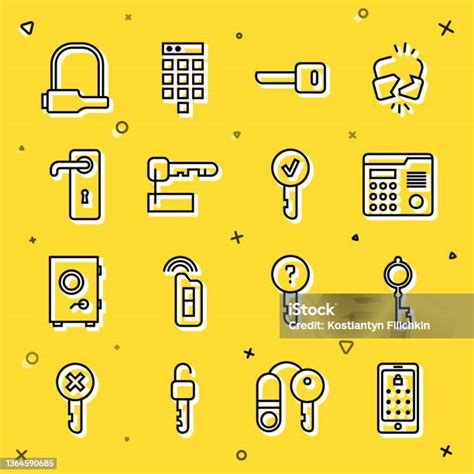 세트 라인 모바일 및 그래픽 암호 오래 된 키 하우스 인터콤 시스템 키 표시 문 핸들 자전거 잠금 및 아이콘 벡터 검은색에 대한