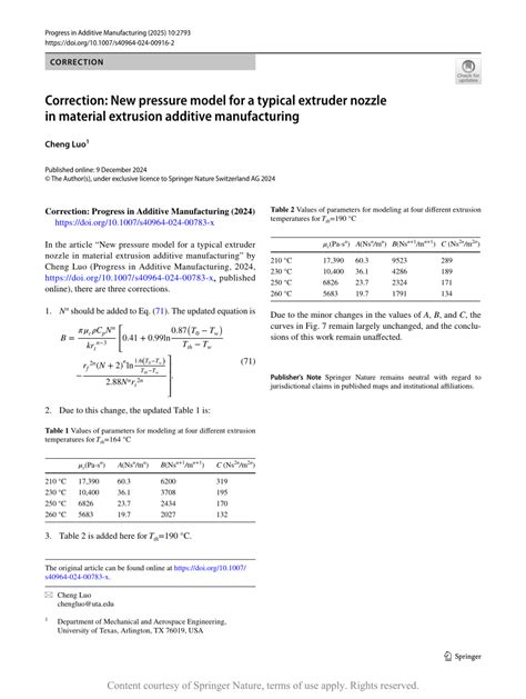 Correction New Pressure Model For A Typical Extruder Nozzle In Material Extrusion Additive