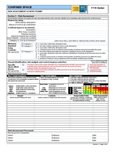 Confined Space Risk Assessment And Entry Permit 1 1 Pdf Risk
