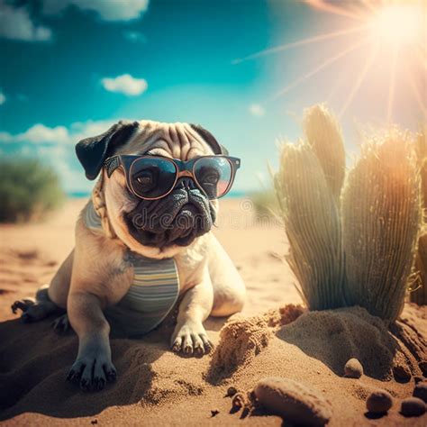 Happy Dog Pug Breed Sitting On Beach Feeling So Happiness And Fun