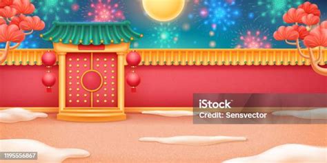 닫힌 불교 사원 위에 불꽃 놀이와 보름달 경례 및 게이트 또는 입구 구름이나 눈 2020 위안 또는 중국 새해 카드에 대한 빨간 랜턴 음력 설 또는 아시아 축제 한국 축제