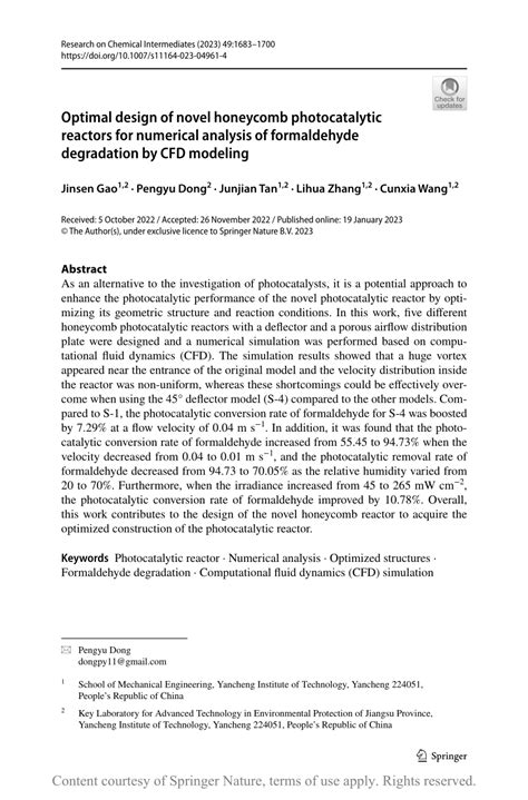 Optimal Design Of Novel Honeycomb Photocatalytic Reactors For Numerical