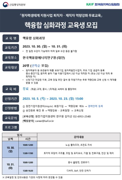 2023 퇴직자·재직자 역량강화 지원사업 핵융합 심화과정 교육생 모집 ~10 23까지