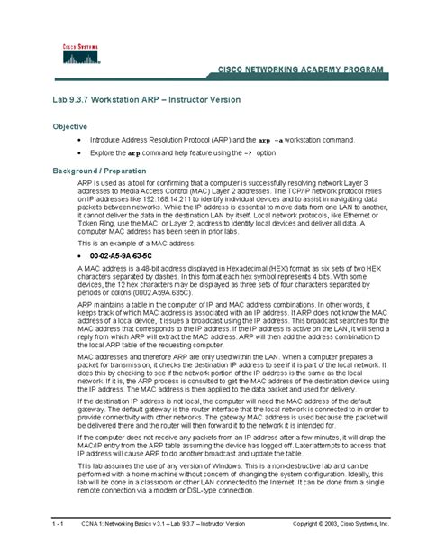 Lab ARP Lab 9 3 Workstation ARP Instructor Version Objective Introduce Address Resolution