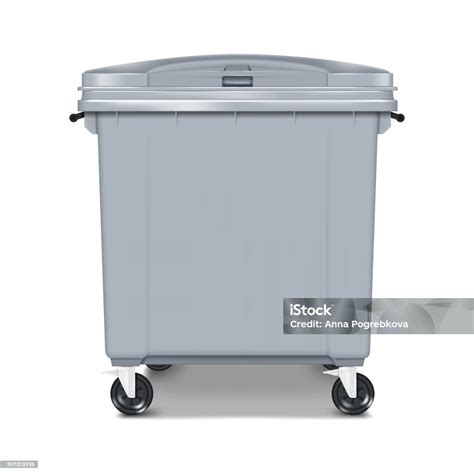 경첩이 달린 뚜껑과 바퀴 벡터 모형이 있는 대형 야외 플라스틱 쓰레기통 바퀴 달린 먼지통 사실적인 모형 큰 산업 쓰레기 폐기물 용기 디자인용 템플릿 0명에 대한 스톡 벡터